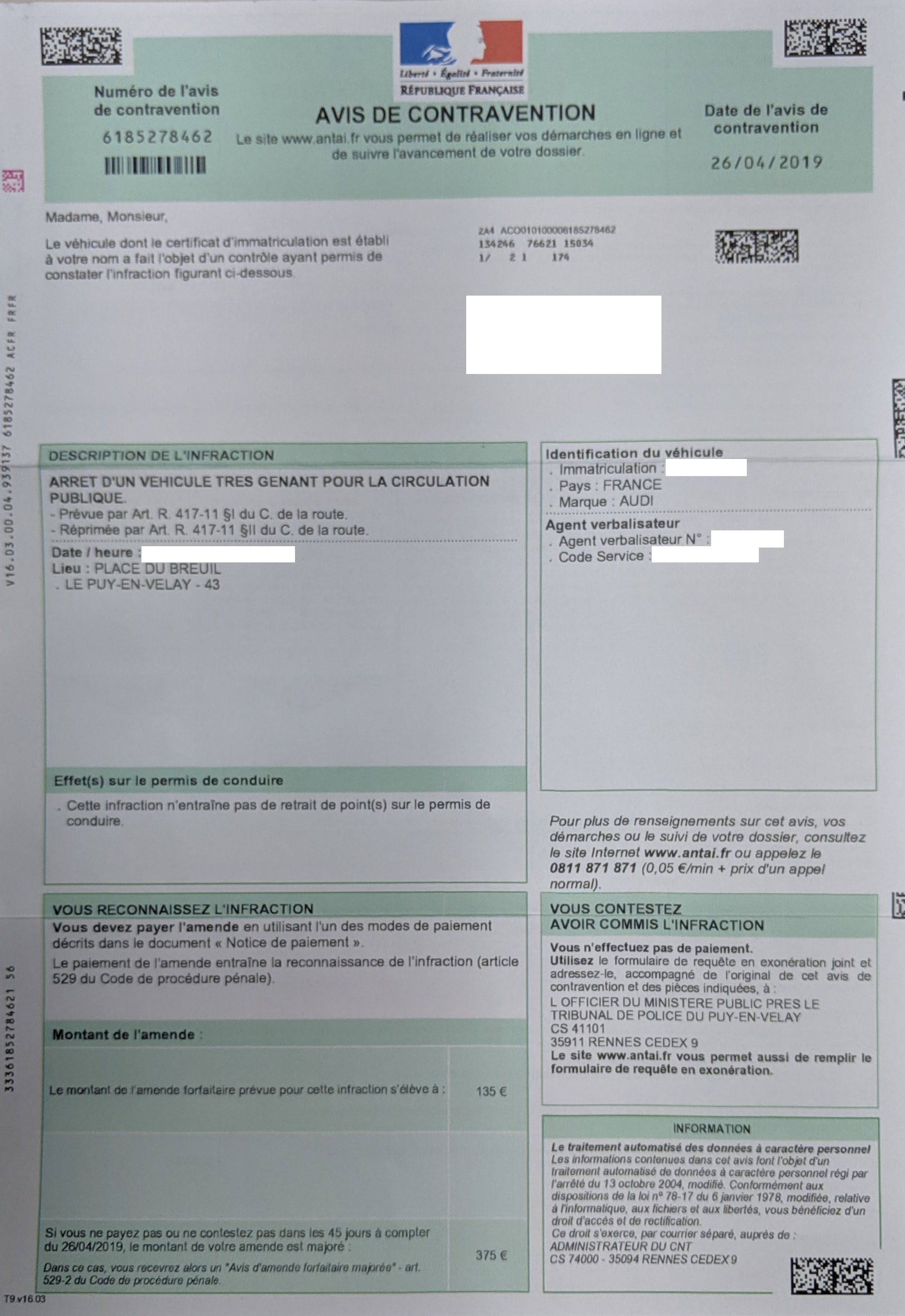 Contravention pour "Arrêt d'un véhicule très génant" - Contravention ...