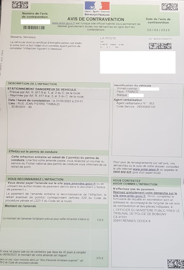 Contravention pour stationnement dangereux - Contravention - Auto ...