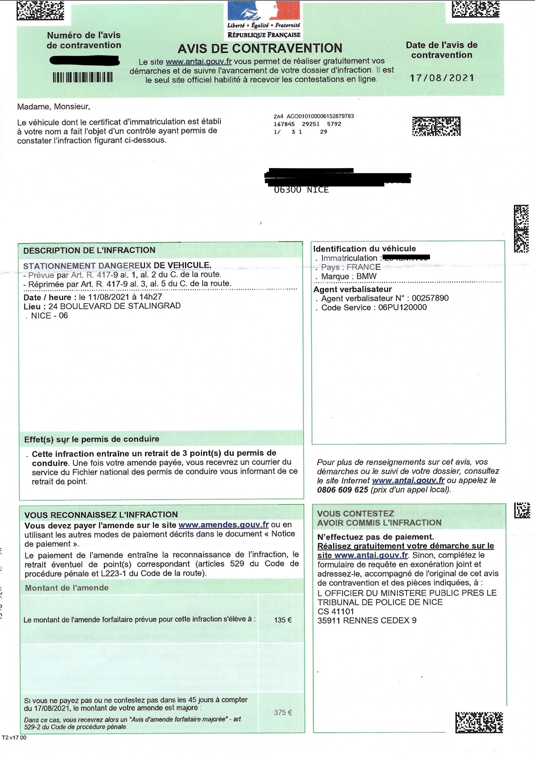 Avis de contravention pour stationnement dangereux - Contravention ...