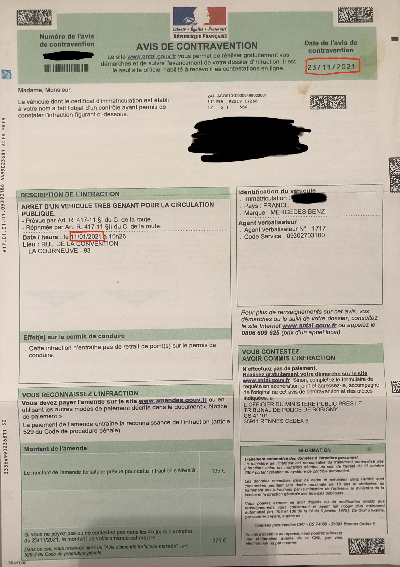 Avis de contravention - 11 MOIS APRES !!! - Stationnement - Auto ...