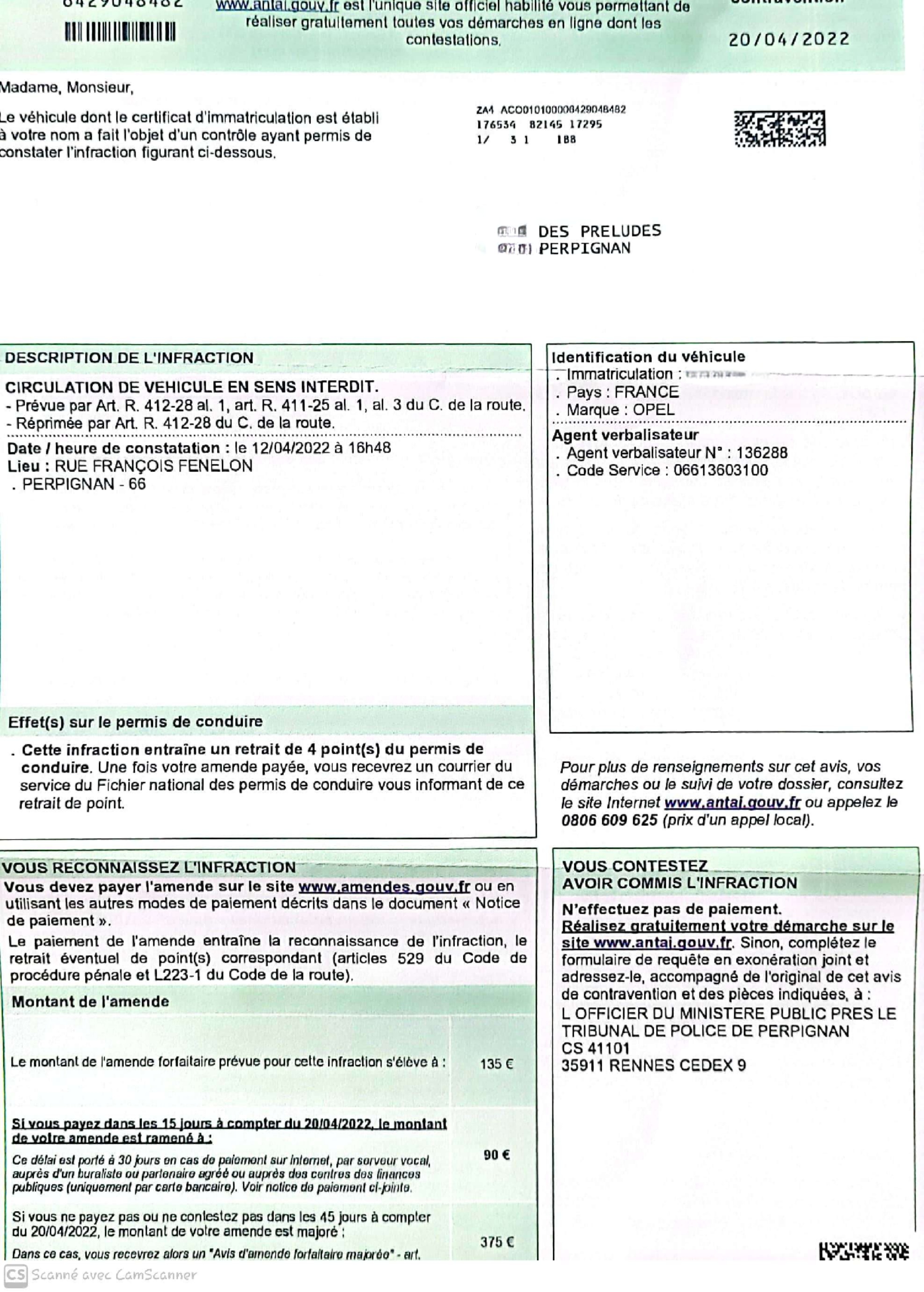 contestation de contravention stationnement très gênant - Contravention ...