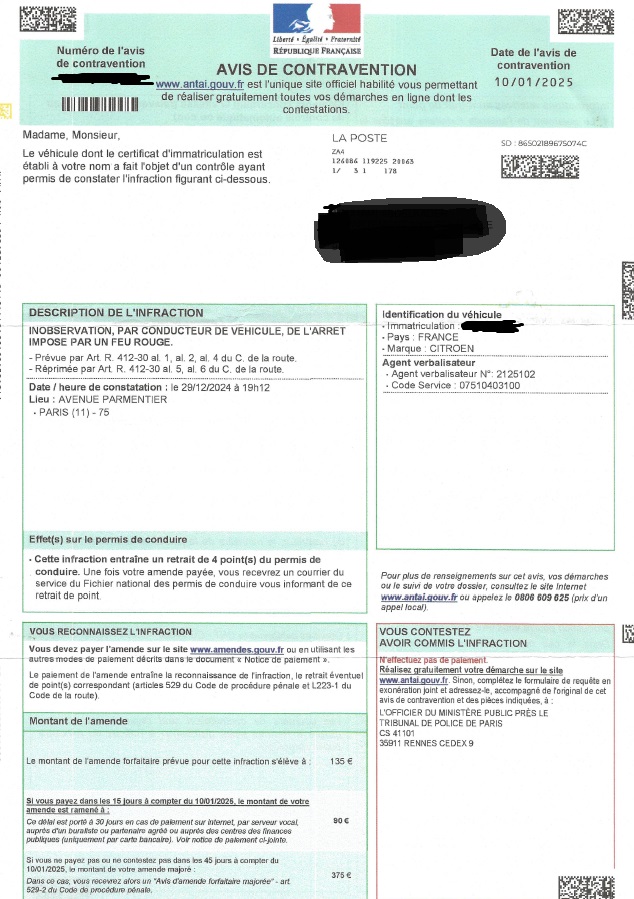 Contestation contravention feu rouge - Paris 75 - Contravention - Auto ...